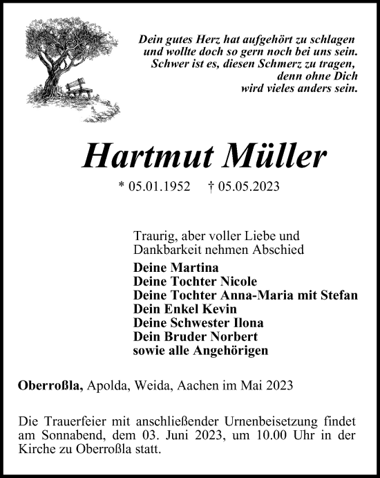 Traueranzeigen von Hartmut Müller | trauer-in-thueringen.de