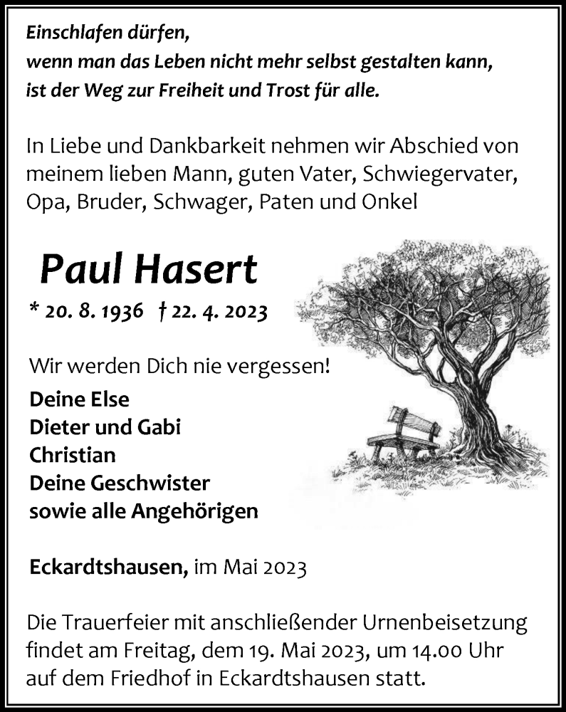Traueranzeigen von Paul Hasert | trauer-in-thueringen.de
