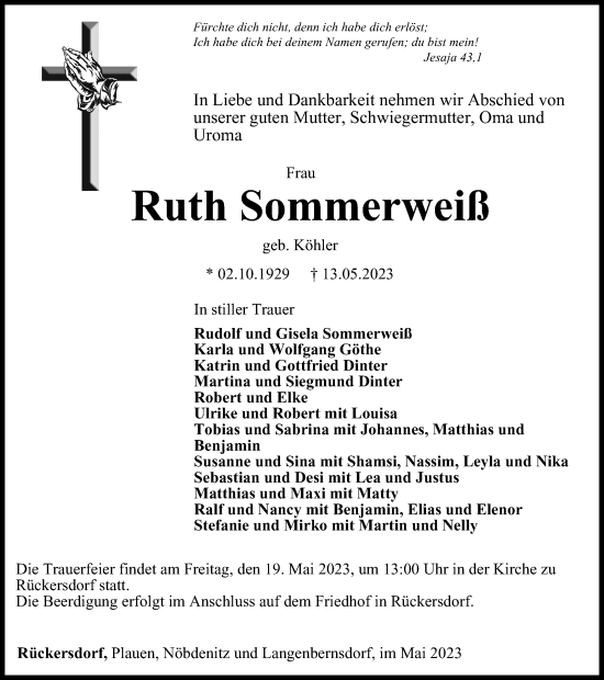 Traueranzeigen von Ruth Sommerweiß | trauer-in-thueringen.de