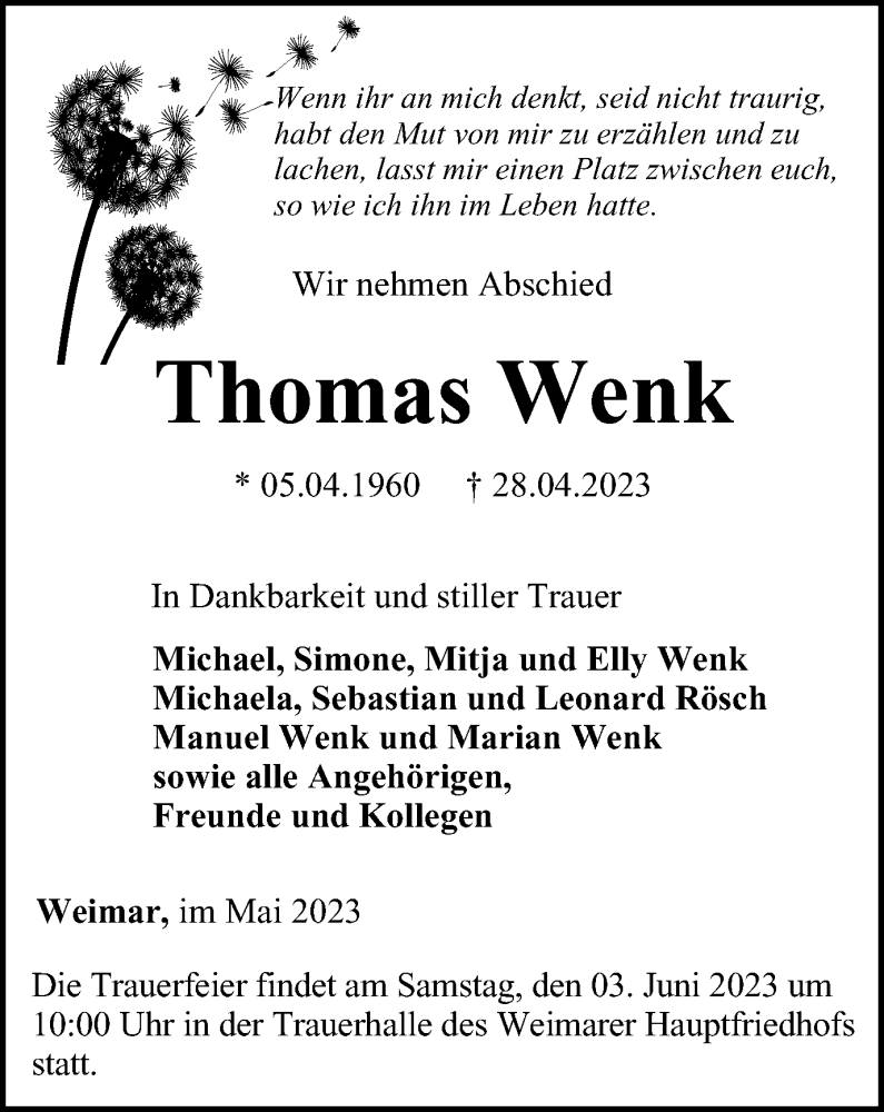 Traueranzeigen von Thomas Wenk | trauer-in-thueringen.de