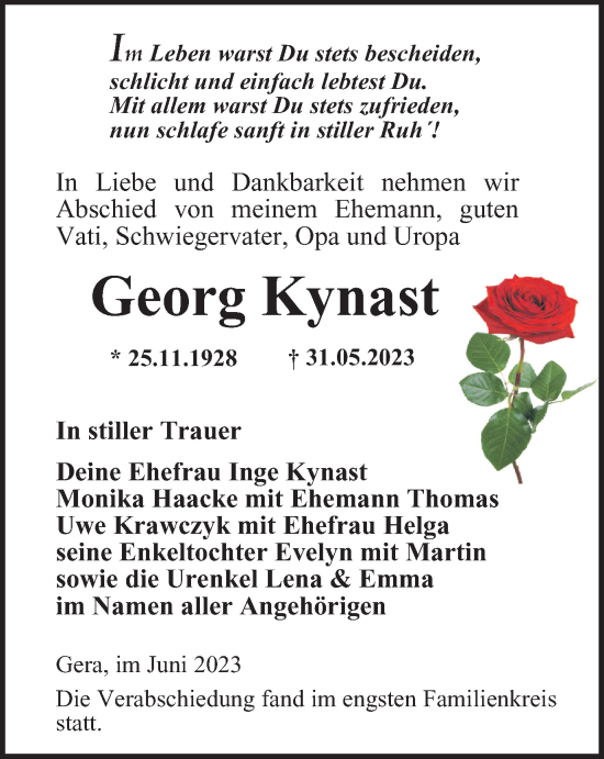 Traueranzeigen von Georg Kynast | trauer-in-thueringen.de
