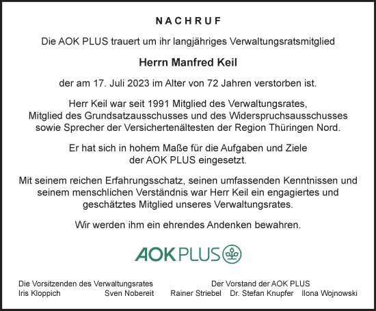 Traueranzeigen von Manfred Keil | trauer-in-thueringen.de