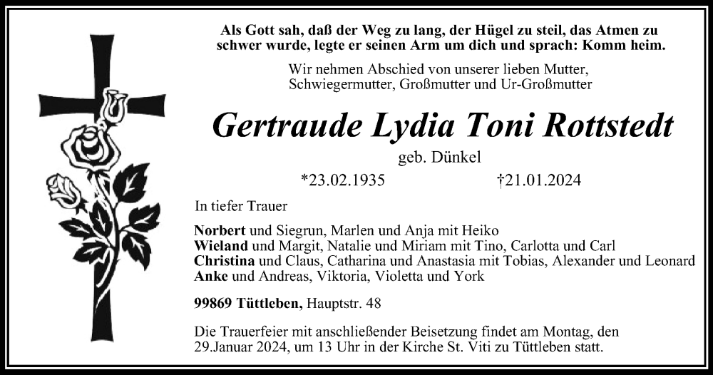Traueranzeigen von Gertraude Lydia Toni Rottstedt | trauer-in-thueringen.de