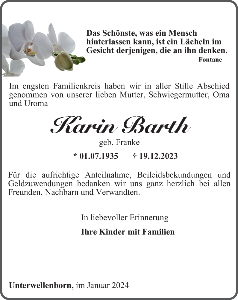 Traueranzeigen von Karin Barth | trauer-in-thueringen.de