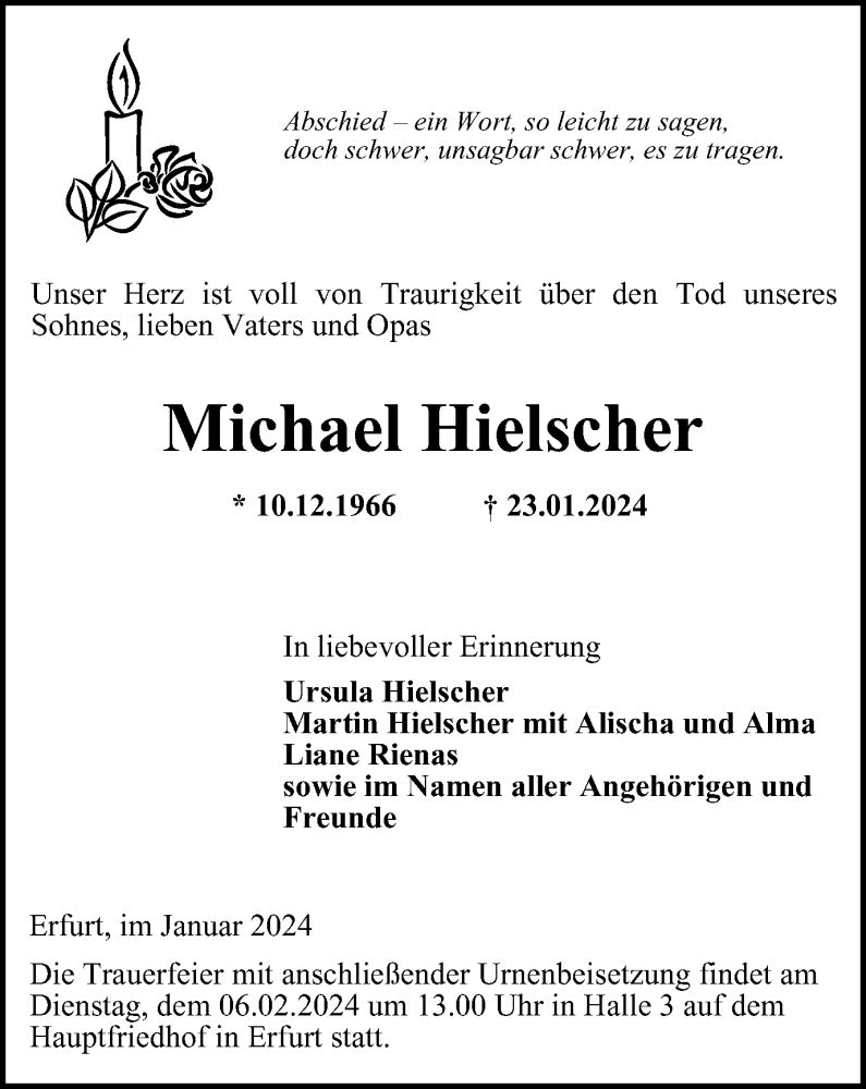 Traueranzeigen von Michael Hielscher | trauer-in-thueringen.de