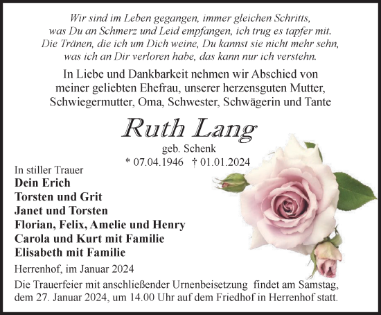 Traueranzeigen von Ruth Lang | trauer-in-thueringen.de