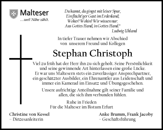 Traueranzeigen von Stephan Christoph | trauer-in-thueringen.de