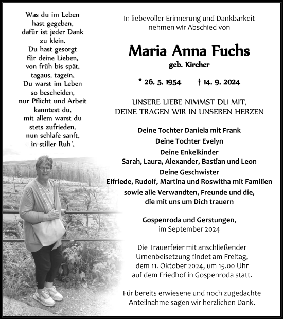 Traueranzeigen von Maria Anna Fuchs | trauer-in-thueringen.de