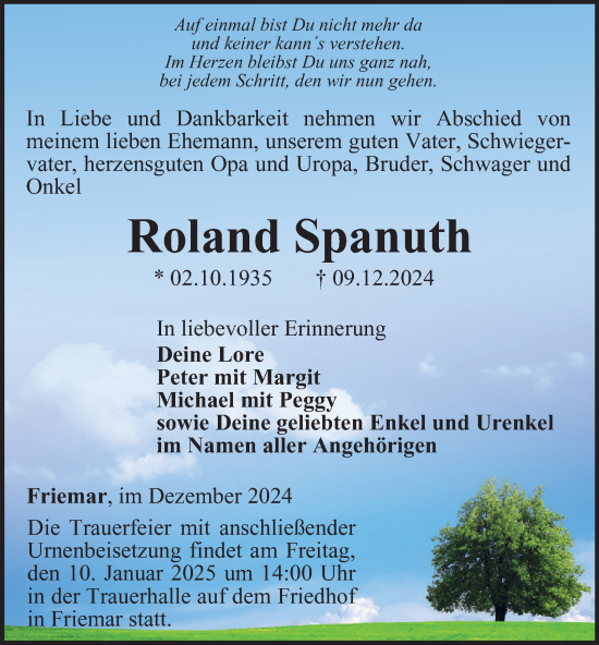 Traueranzeigen von Roland Spanuth | trauer-in-thueringen.de