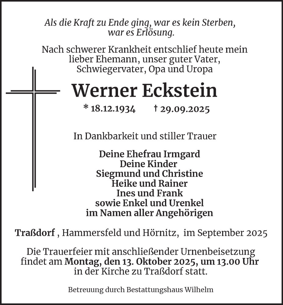Traueranzeigen von Werner Eckstein | trauer-in-thueringen.de
