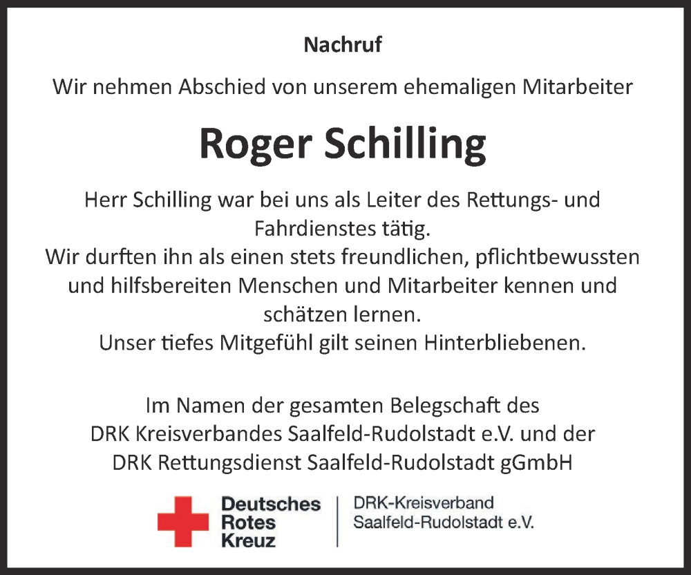 Traueranzeigen von Roger Schilling | trauer-in-thueringen.de
