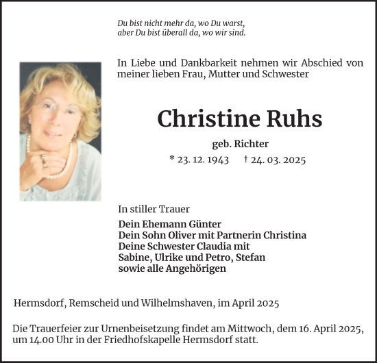 Traueranzeigen von Christine Ruhs | trauer-in-thueringen.de