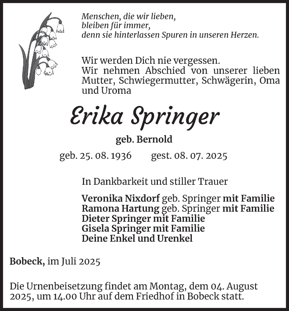 Traueranzeigen von Erika Springer | trauer-in-thueringen.de